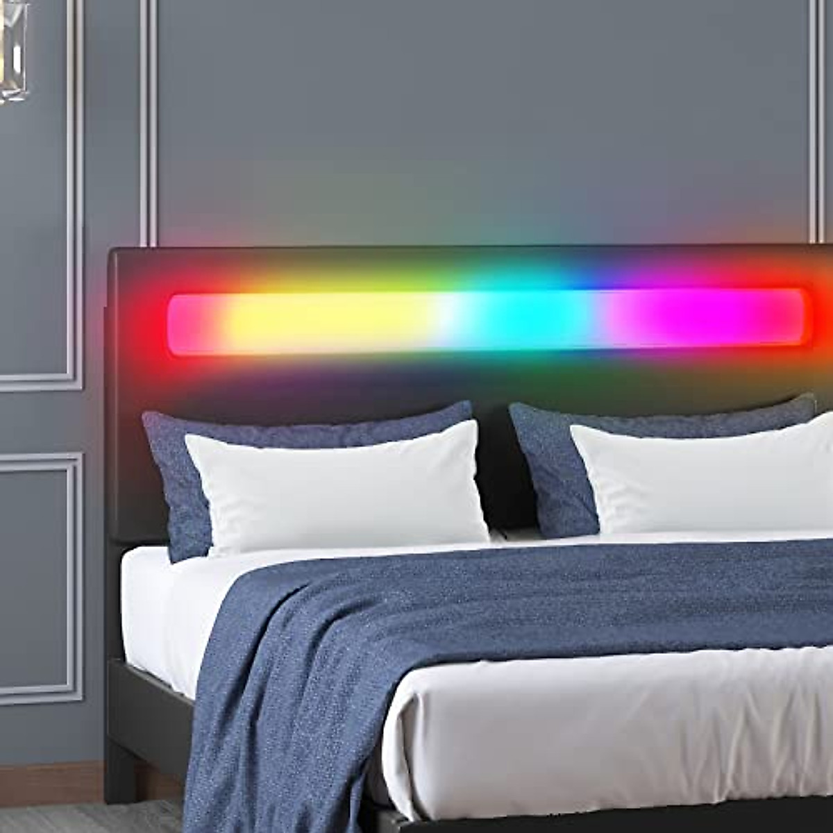 Mjkone Queen Size Bed Frame, LED Bed Frame with Smart RGB LED Light Bar, Works with Alexa or Apps, Platform Bed with Adjustable Lighting, Upholstered Bed Frames with Headboard, No Mattress, Black