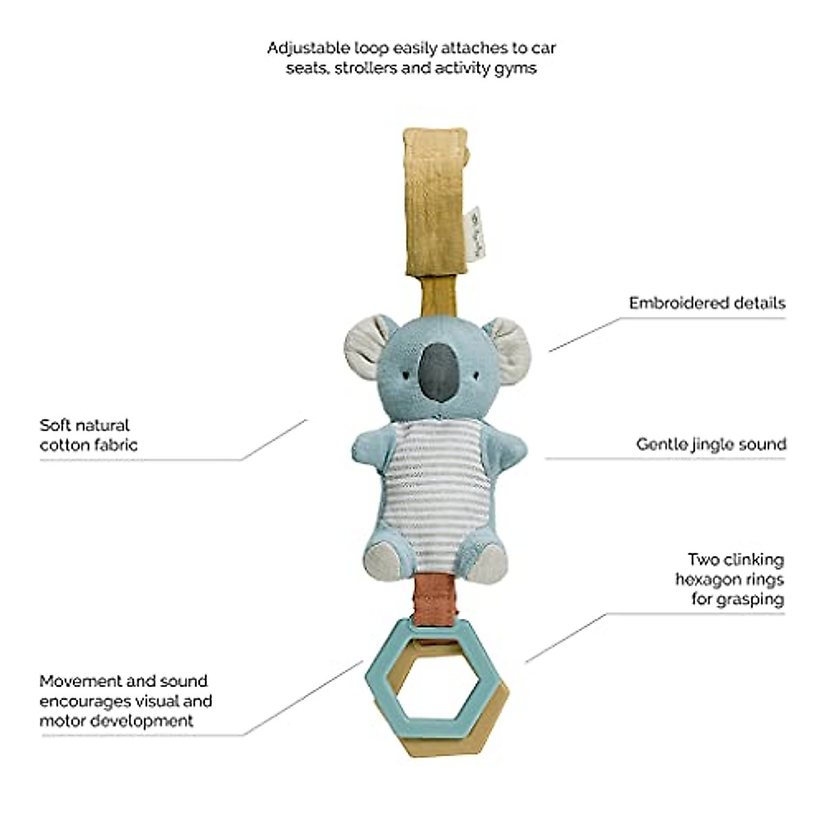 Itzy Ritzy Jingle Travel Toy for Stroller, Car Seat or Activity Gym - Baby Hanging Toy Features Jingle Sound, Clinking Rings & Adjustable Attachment Loop (Koala)