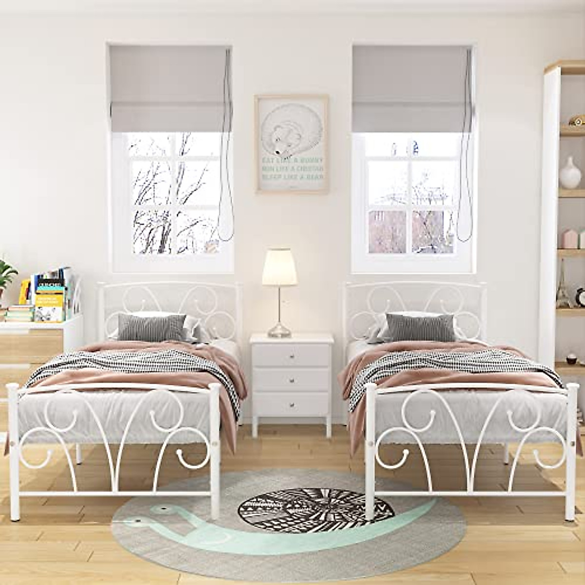 Timy Kids Twin Bed Frame with Headboard and Footboard, Metal Platform Bed Frame with 12 Inch Storage Space for Boys Girls Teens Adults, No Box Spring Needed, White