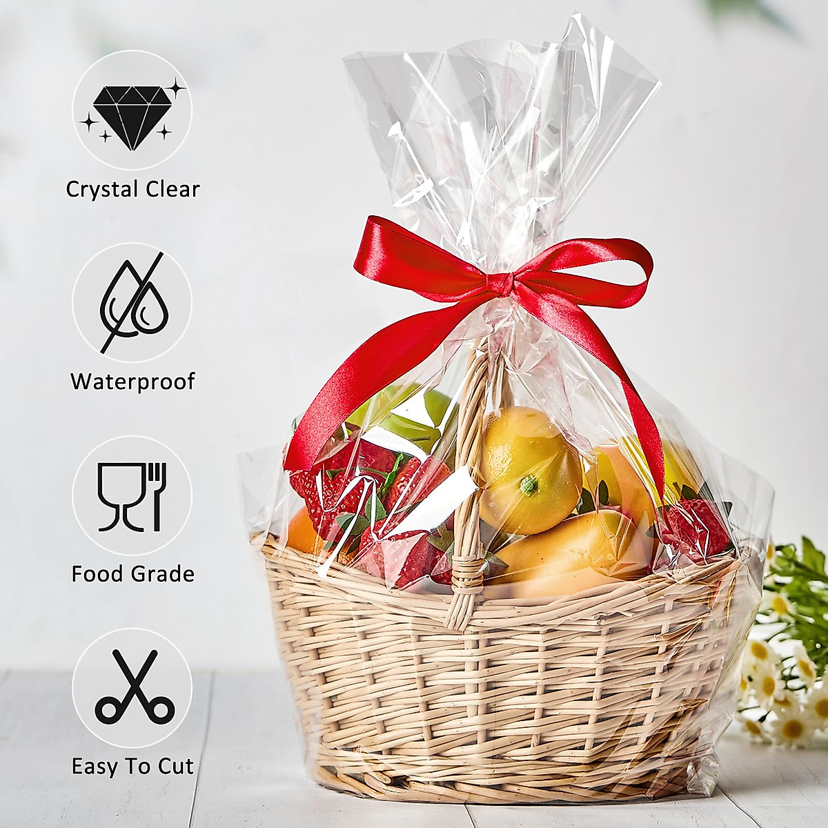 Mauproy 34 In x 100 Ft Clear Cellophane Wrap Roll, Extra Wide, 2.5 Mil Thick Transparent Plastic Gift Wrapping Paper for Baskets, Flower Bouquets, Gifts, Treats, Christmas