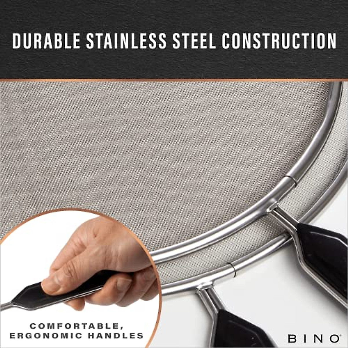 BINO 2-Piece Stainless Steel Splatter Screen with Handle Set - Black | Oil & Grease Skillet Guards | Bacon Screen Splash Protector | Frying Screen | Mesh Splatter Screen | Kitchen Cookware Essentials