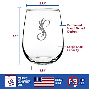 Monogram Floral Letter S - Stemless Wine Glass - Personalized Gifts for Women and Men - Large Engraved 17 Oz Glasses