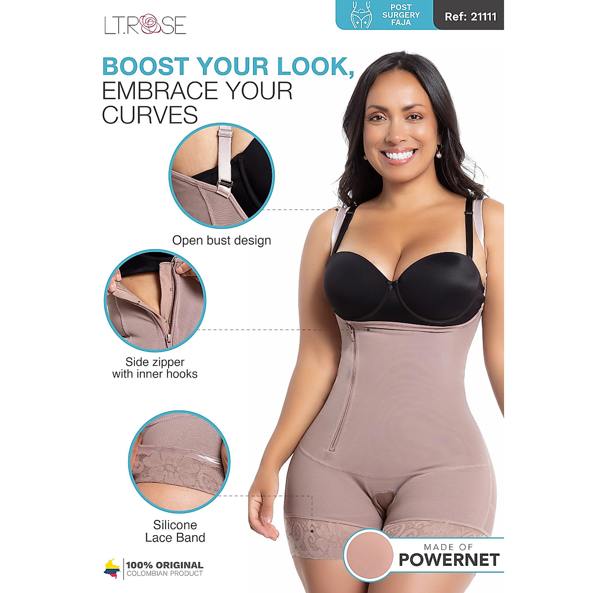 LT.ROSE Faja Tummy Tuck S111 Post Surgery Compression Garment for Women Faja Colombiana Cocoa L