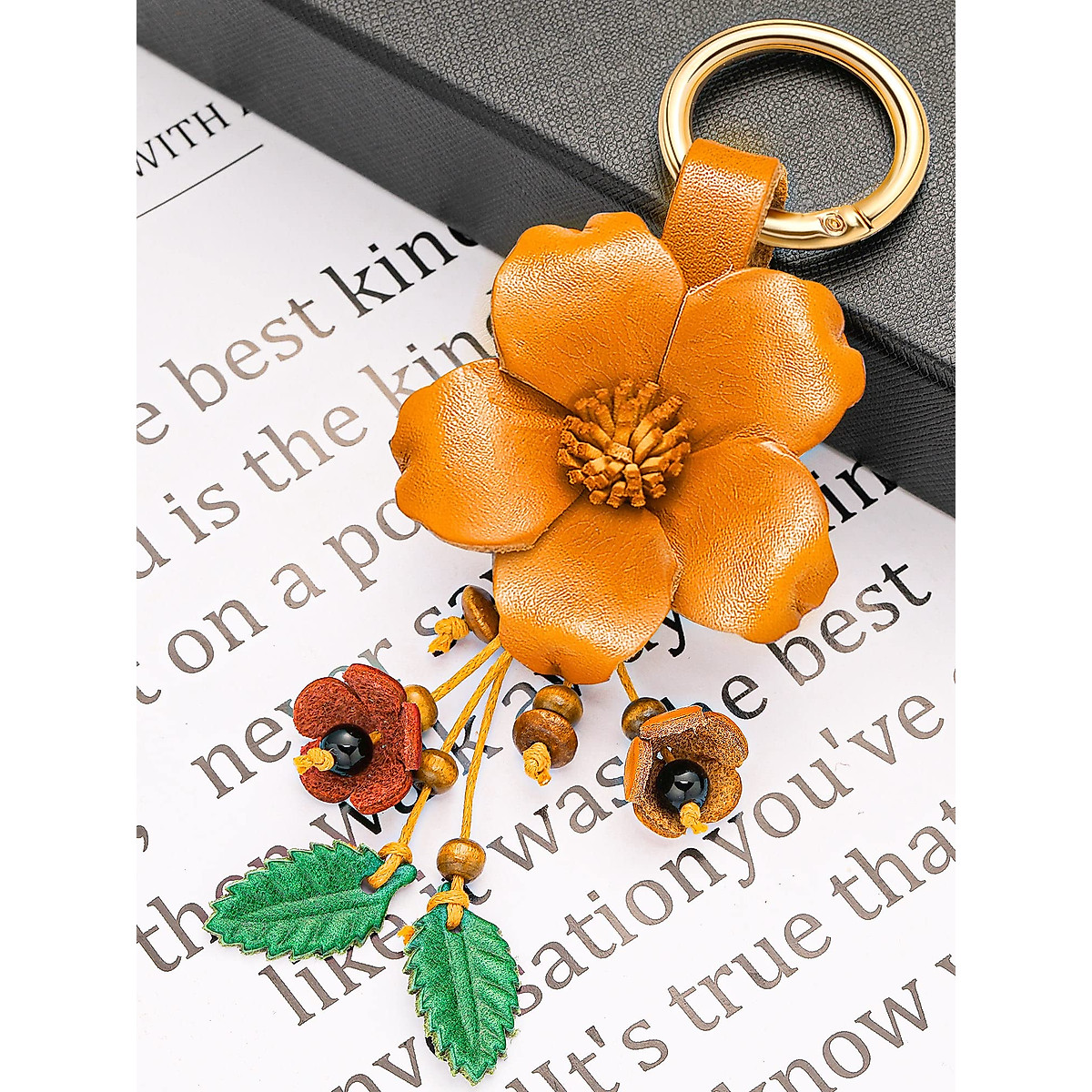 Inbagi Leather Leaf Flower Tassel Keychain Boho Accessories Cute Keychains for Women Wallet Bag Purse Ring Pendant Charms (Yellow)