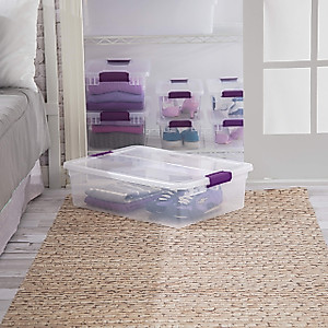 Sterilite 32 Quart/30 Liter ClearView Latch Box, Clear with Sweet Plum Latches, 6-Pack & Deep Clear Plastic Stackable Storage Container Bin Box Tote with Clear Latching Lid Organizing Solution, 4 Pack