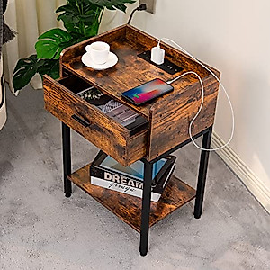 Lerliuo Nightstand with Charging Station and USB Ports, 3-Tier End Side Table with Storage Drawer and Shelf, Modern Bedside Night Stand for Bedroom, Living Room- Retro Brown