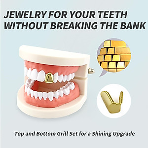 YAFIYGI 4 Pieces Gold Plated Gold Tooth Cap- Hip Hop Teeth Accessories - Plain Single Tooth Cap for Teeth Mouth - Realistic Fake Teeth Grills for Party - Open Face Front Tooth Caps