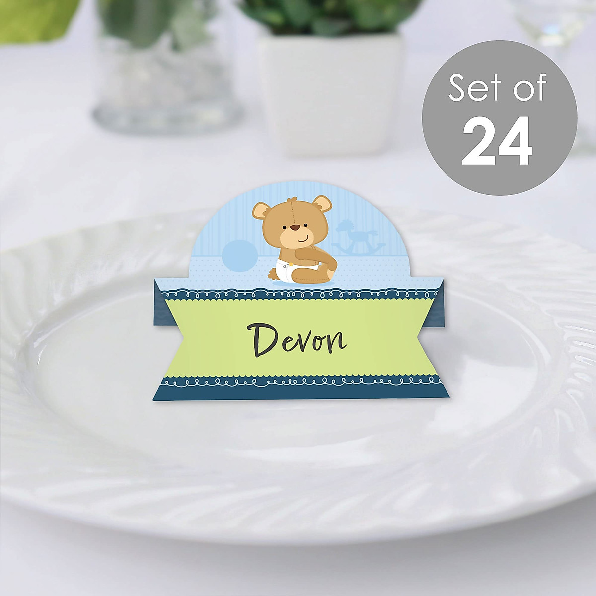 Big Dot of Happiness Baby Boy Teddy Bear - Baby Shower Tent Buffet Card - Table Setting Name Place Cards - Set of 24