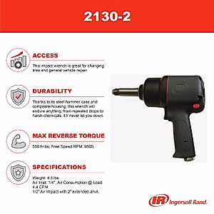Ingersoll Rand 2130-2 1/2" Air Impact Wrench with 2" Extended Anvil, 550 ft-lbs Max Torque Output, 9500 RPM, Heavy Duty, Lightweight, Use for Changing Tires, Auto Repair, Black