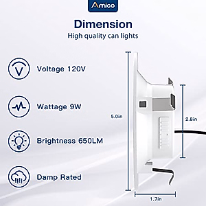 Amico 4 inch 5CCT LED Recessed Lighting 12 Pack, Dimmable, Damp Rated, 9W=60W, 650LM Can Lights with Baffle Trim, 2700K/3000K/4000K/5000K/6000K Selectable, Retrofit Installation - ETL & FCC Certified