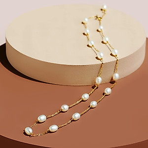 COMOTO Pearl Necklace for Women 14K Gold Filled Chain Multiple Real White Freshwater Cultured﻿ Pearl Necklace Tin Cup Pearl Handmade Necklace Jewelry,17"+1"