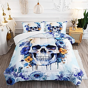 AILONEN Sugar Skull Comforter Set Full Size, Blue Flower Floral Skull Skeleton Bedding Set,Watercolor Skull Quilt with 2 Pillowcases,3 Pieces Bed in a Bag for Boys Girls