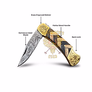 WARLOCKS CLUB Handmade Damascus Pocket Knife with Sheath, 7" Folding Hunting Knife with Wood Handle, Small Camping Knife for Outdoor