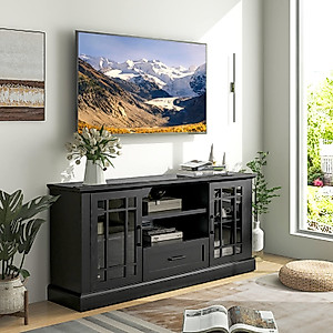 Tangkula Farmhouse TV Stand for TV up to 70 Inch, Tall Media Console Table w/2 Glass Doors, Entertainment Center w/Cubbies & Drawer, Storage Cabinet or Sideboard Buffet for Living Room (Black)