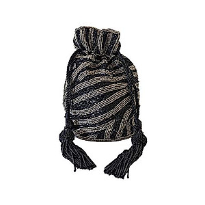 CRAFT BAZAAR Women Handmade Indian Potli Bag, Bead Zebra Bag, Standing Drawstring Purse, Mini Bucket Bag With Wristlet and Tassels