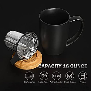 COYMOS Ceramic Tea Mug with Infuser and Lid, 16oz Loose Leaf Tea Cup Large Handle Teaware Mug, Tea Gift Sets for Tea Lover (Black)