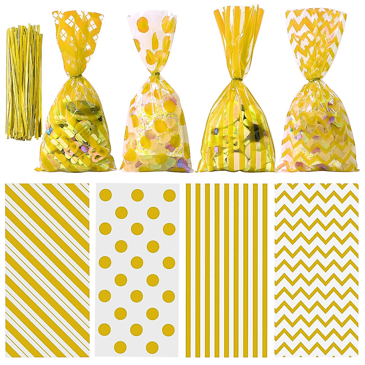 Aneco 100 Pack Gold Cellophane Bags Plastic Candy Bags Gift Bags Goodie Bags with Twist Ties for Valentine, Birthday, Gift Cookie Snack Packing Party Favor Supplies