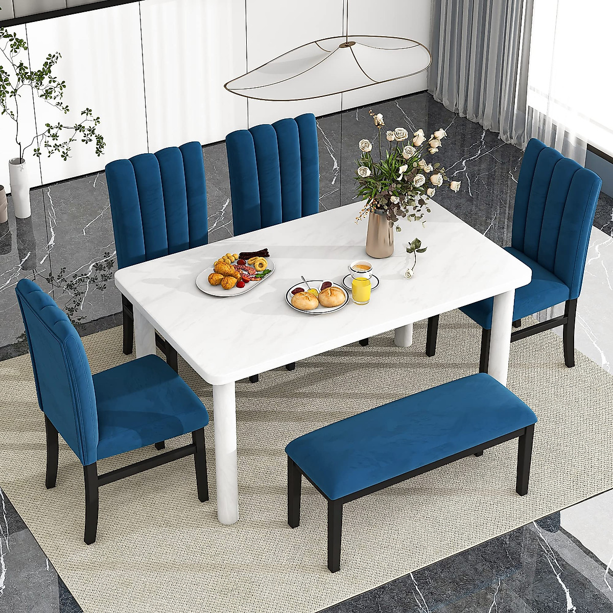 Voohek, White+Blue 6-Piece Rectangular Dining Table Set with Marble Veneer Rounded Corner Tabletop, 4 Flannelette Fabric Upholstered Chairs and 1 Bench, Solid Wood Kitchen Furniture for Family