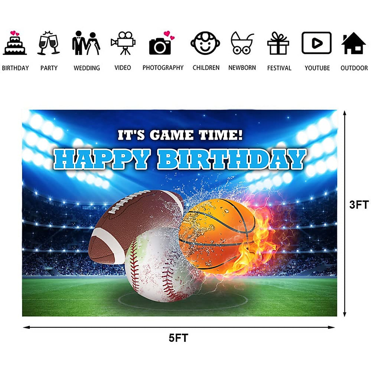 Ticuenicoa 5×3ft Sports Birthday Backdrop Boys Football Basketball Baseball Kids Birthday Background It's Game Time Kids Sports Theme Birthday Party Banner Wall Decorations Props