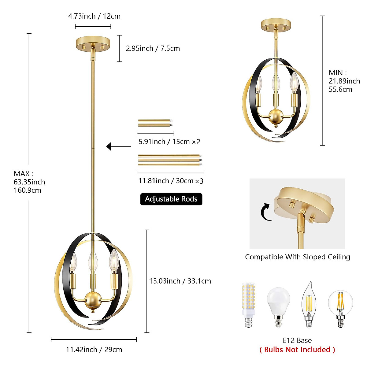 VIOLOEMI Black and Gold Pendant Light, Modern Globe Chandeliers for Dining Room, Adjustable Height 3-Light Farmhouse Foyer Hallway Entryway Kitchen Island Lighting Fixtures(Bulb Not Included)