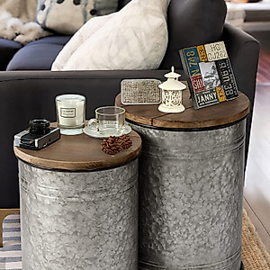 oneinmil Rustic End Table with Storage Bins Farmhouse Furniture Galvanized Metal Stool Ottoman Seat with Round Wood Lid Set of 2