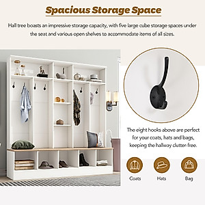 Wide Design Hall Tree with Storage Bench,Modern Style 4-in-1 Multiple Functions Hallway Coat Rack with 8 Hooks and Cube Storage & Shelves for Entryways, Mudroom(White)