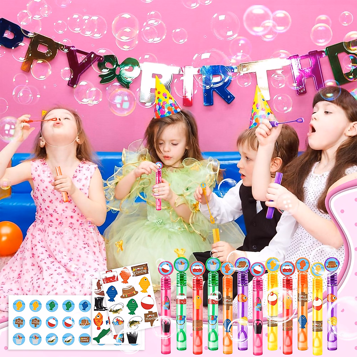 24PCS Gone Fishing DIY Bubble Wands Party Favors 96PCS Stickers for Goodie Bag Fillers Pinata Stuffers, Mini Bubble Bulk Birthday Party Supplies Toys Gifts Class Prizes for Toddlers Boys Girls