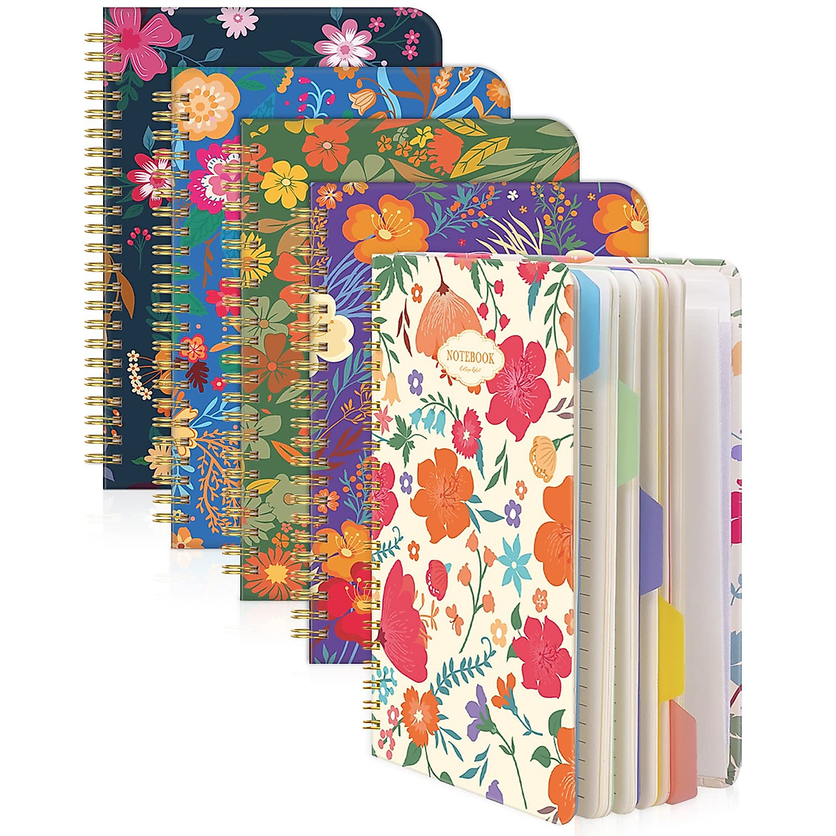 Spiral Notebooks 5 Subject 5-Pack College Ruled Hardcover with Removable Dividers 160 Pages/80 Sheets Each, A5(8.5 "x 5.7") Cute Blooming Floral, for Students Office Business Diary Book