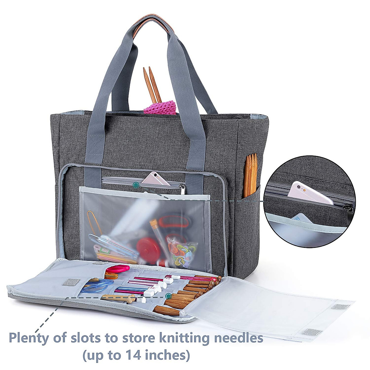 Teamoy Knitting Bag, Travel Yarn Storage Tote Organizer for Yarn, Unfinished Project, Crochet Hooks, Knitting Needles and Accessories, Lightweight, Water-Resistant, Large Capacity, Gray