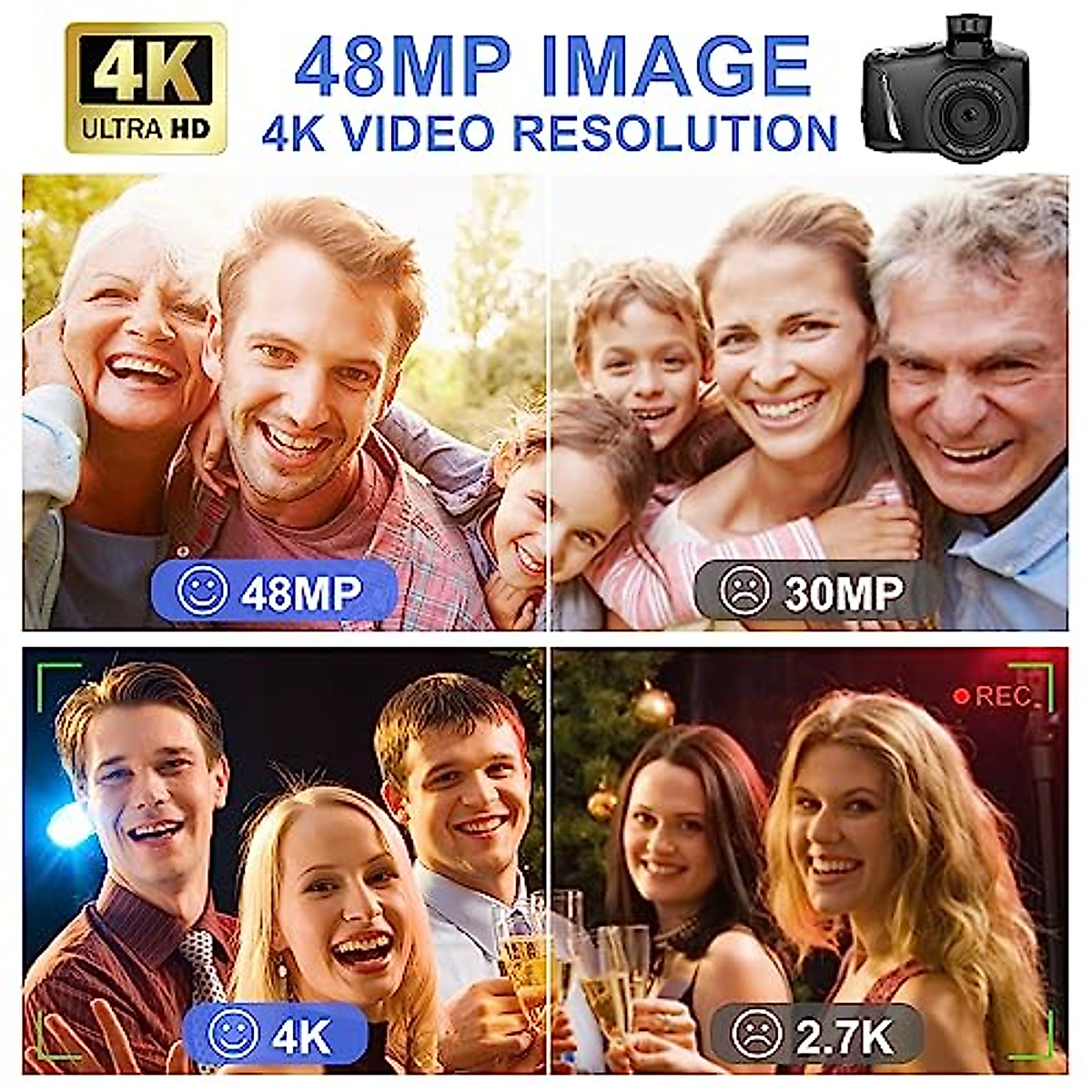 Kmnuiey 4K Digital Camera,Auto Focus 48MP Vlogging Camera for YouTube 16X Zoom Travel Portable Digital Camera with 2 Batteries