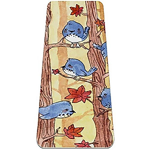 Unicey Thick Non Slip Exercise & Fitness 1/4 Yoga mat with Autumn Birds Rest On The Tree Maple Leaves Blue Print for Yoga Pilates & Floor Fitness Exercise (61x183cm)