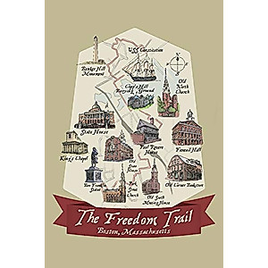 Boston, Massachusetts, The Freedom Trail, Map, Contour (Canvas Deluxe Tote Bag, Faux Leather Handles & Zip Pocket)