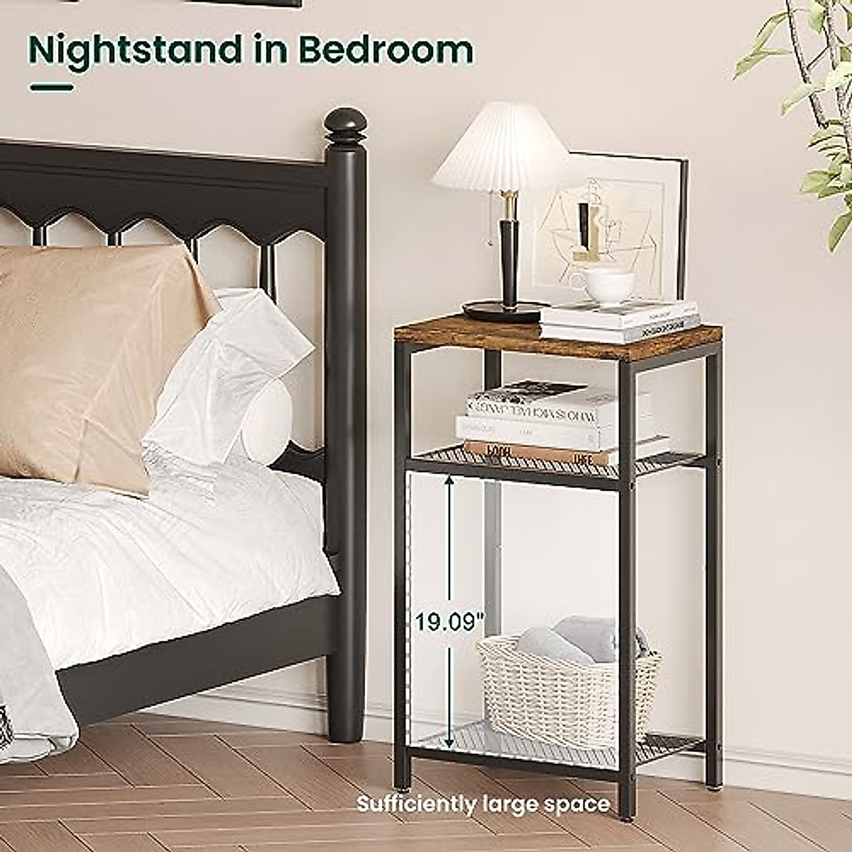 Yifeel Side Table Set of 2, 3 Tier End Table with Storage, Tall Telephone Table, Night Stand for Small Spaces, Sturdy Metal Frame, Living Room, Bedroom, Rustic Brown and Black JET001NSR2
