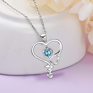 CHOKER Nurse Necklace for Women 925 Sterling Silver Stethoscope Heartbeat Necklace Jewelry Gifts for Nurse Graduation Medical Student Doctor-March Birthstone