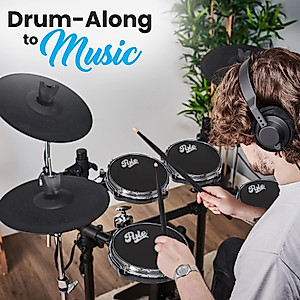 Pyle Electric Drum Set-Portable Quiet Electronic Kit with Mesh, Touch Sensitive Pads for Beginner, Supports MIDI (Mac & PC), Easy to Setup, Sticks Included for Home＆Outdoor-PTEDK86 Black