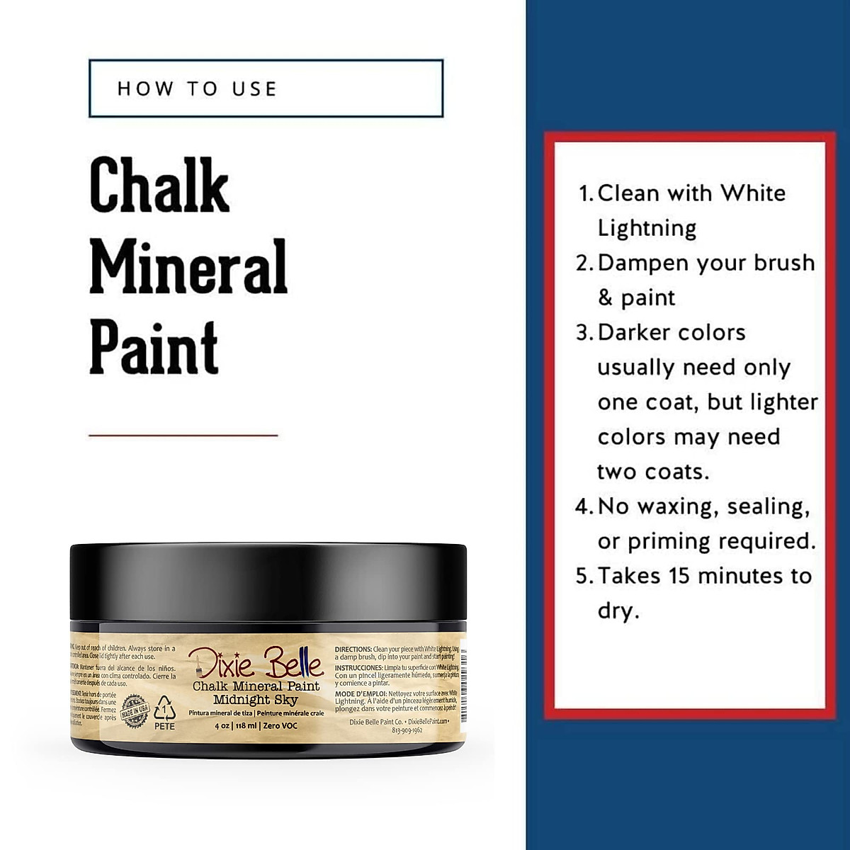 Dixie Belle Paint Company Chalk Finish Furniture Paint | Midnight Sky (4oz) | Matte Blue Black Chic Chalk Mineral Paint | DIY Furniture Paint | Made in the USA