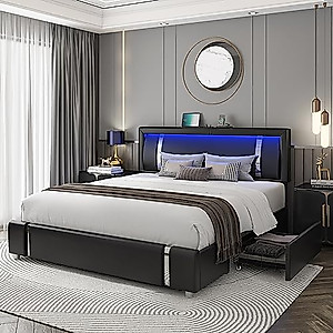 Keyluv Queen Bed Frame with RGB LED Lights Headboard & 2 Storage Drawers, Modern Upholstered Faux Leather Platform Bed with Iron Metal Decor, USB & USB-C Charging Ports, No Box Spring Needed, Black