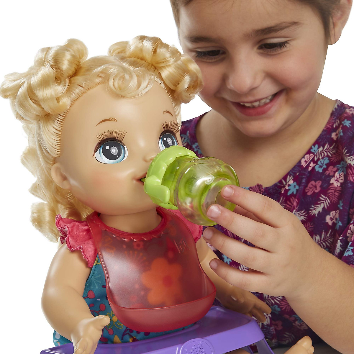 Baby Alive Happy Hungry Baby Blond Curly Hair Doll, Makes 50+ Sounds & Phrases, Eats & Poops, Drinks & Wets, for Kids Age 3 & Up, Brown/A (E4894)