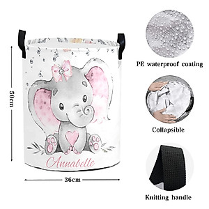 Pink Gray Elephant Diamond Personalized Waterproof Foldable Laundry Basket Bag with Handle, Custom Collapsible Clothes Hamper Storage Bin for Toys Laundry Dorm Travel Bathroom