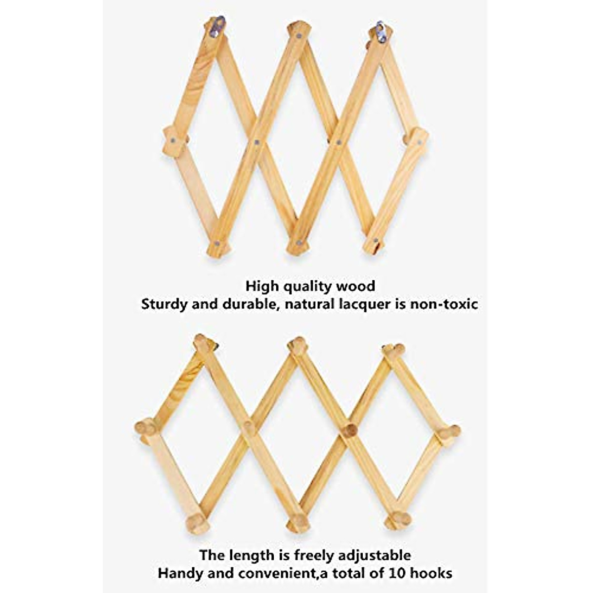 2 Pack10 Hook Coat Hooks, Wooden Expanding Accordion Style Wall Mounted Hook,Wooden Pegs Folding Wall Hanger Stand for Cap,Belt,Umbrella,Coffee Mug,Keys, Home Organization Storage Rack, Storage Holder