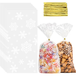 Christmas Treat Bags, Snowflake Christmas Candy Bags, 100PCS Christmas Cellophane Bags, Plastic Christmas Cookie Goodie Bags Xmas Gift Bags with Twist Ties for Christmas Holiday Party Favors Supplies