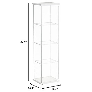 JT Glass Display Cabinet 4 Shelves with Door, Easy to Install, Solid Tempered Glass, Floor Standing Curio Bookshelf for Living Room Bedroom Office (White)
