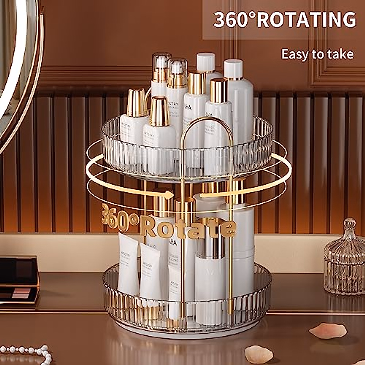 YCIA&DONE 360 Rotating Makeup Organizer and Storage for Vanity Countertop 2 Tiers, High Capacity Cosmetic Skincare Perfume Organizer for Dresser Bathroom Lazy Susan Organizers(Clear White)