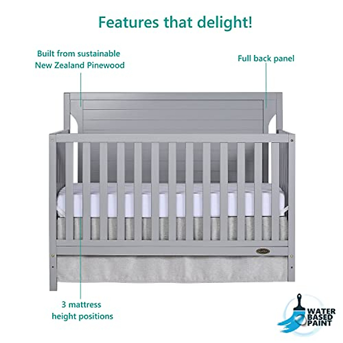 Dream On Me Cape Cod 5-in-1 Convertible Crib in Pebble Grey, Greenguard Gold Certified , 50x30x44 Inch (Pack of 1)