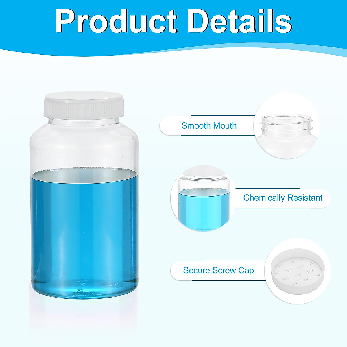 PATIKIL 5 Pcs 500ml Reagent Bottles, PET Wide Mouth Round Bottles with Screw Cap for Lab Water Reagent Liquids Solid Sample Storage Seal, Transparent