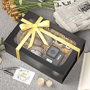 PSHVYM Large Gift Box with Window, 13.5x9x4.3 In Black Gift Box for Presents Magnetic Lids Collapsible for Groomsmen Proposal Box, Birthday, Graduation, Christmas, Contains Card, Ribbon