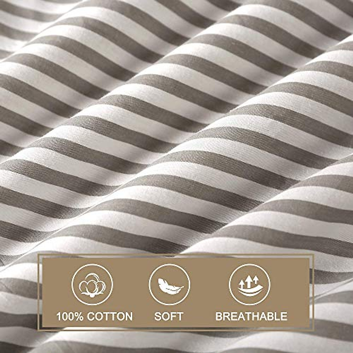 JELLYMONI 100% Natural Cotton 2pcs Striped Duvet Cover Sets,White with Grey Stripes Pattern Printed Comforter with Zipper Closure & Corner Ties(Twin Size)
