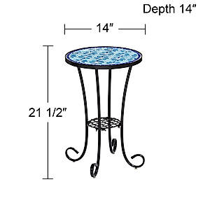 Teal Island Designs Blue Star Modern Black Metal Round Outdoor Accent Side Table 14" Wide with Lower Shelf Mosaic Tabletop Gracefully Curved Legs for Porch Patio Home House Balcony Spaces Deck
