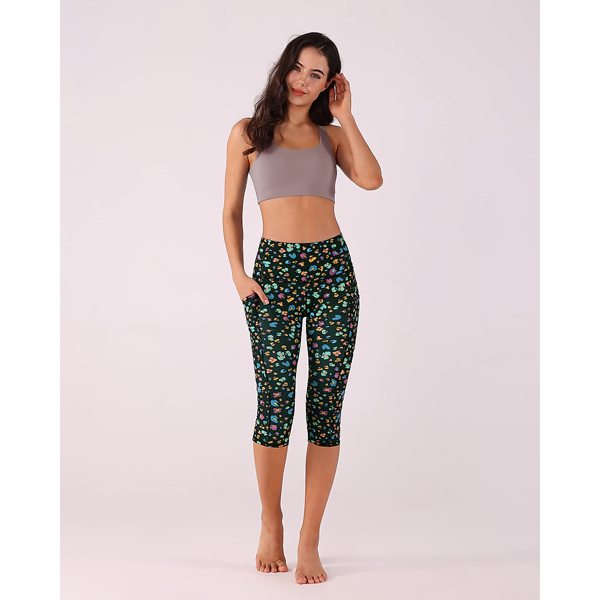 ODODOS Women's High Waisted Printed Yoga Capris with Pocket, Tummy Control Non See Through Workout Sports Running Athletic Capri Leggings, Colorful Camo, Large