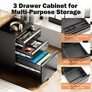 Sweetcrispy File Cabinet - 3 Drawer Locking Metal Mobile Rolling Filing Cabinet, Wheels & Pre-Assembled Under Desk Storage A4/Letter/Legal Home Office Small File Cabinet - Black